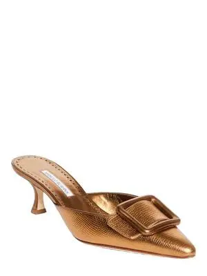 Manolo Blahnik Maysale Buckle Lizard-embossed Metallic Kitten Heel Mules - Bronze