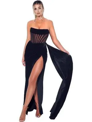 MISS CIRCLE Priya Draping Corset High Slit Velvet Gown - Black