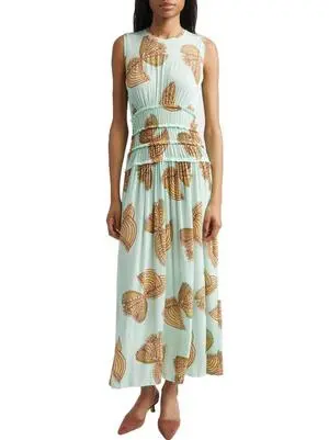 Ulla Johnson Kamaria Botanical Pleated Midi Dress - Water Blossoms