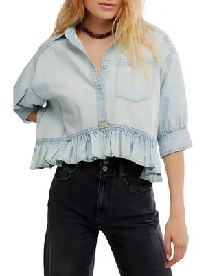 Free People Bailey Denim Crop Peplum Top - Light Tint Wash
