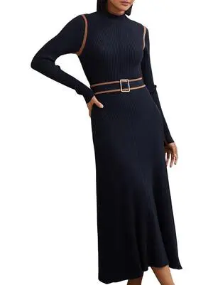 REISS Ella Belted Long Sleeve Rib Maxi Dress - Navy/camel