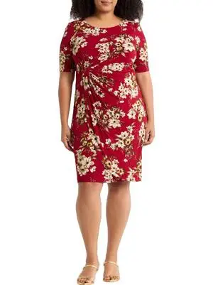 CONNECTED APPAREL Floral Side Ruched Faux Wrap Dress - Crimson