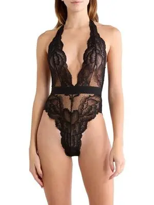 KILO BRAVA Floral Lace Halter Teddy - Black