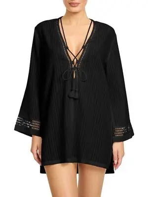 Robin Piccone Marina Lace-up Cover-up Tunic - Black