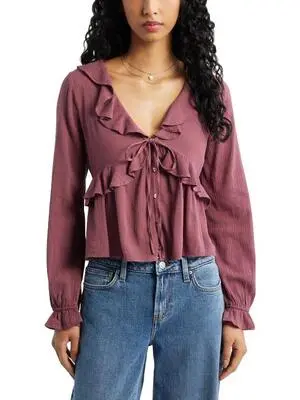 Bp. Ruffle Tie-neck Button-up Shirt - Burgundy Shade