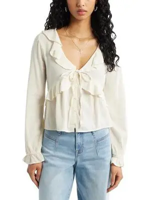 Bp. Ruffle Tie-neck Button-up Shirt - Ivory Dove