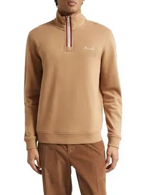 Moncler Embroidered Logo Patch Fleece Quarter Zip Sweatshirt - Camel