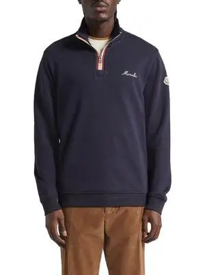Moncler Embroidered Logo Patch Fleece Quarter Zip Sweatshirt - Navy Blue