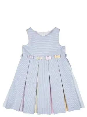 FLORENCE EISEMAN Striped Seersucker Pleated Dress With Bows - Multi