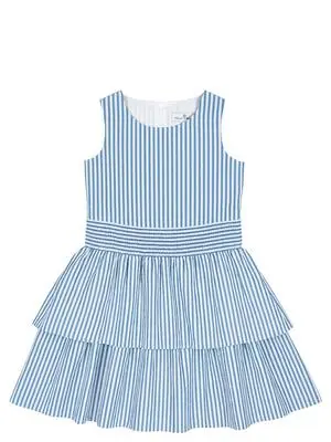 FLORENCE EISEMAN Striped Seersucker Dress With Waist Ruching - Blue/white