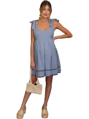 PINKBLUSH Shoulder Bow Tie Pleated Mini Dress - Blue