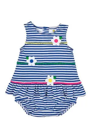 FLORENCE EISEMAN Stripe Knit Romper With Appliqué Flowers And Pom-pom Trim - Royal/white