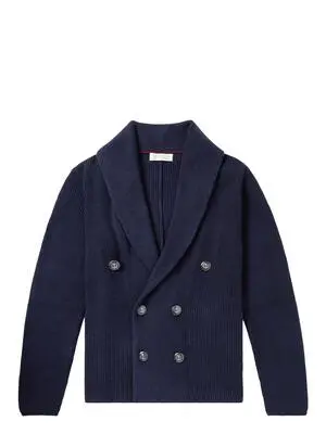 Brunello Cucinelli Shawl-collar Double-breasted Ribbed Cotton Cardigan - Blue