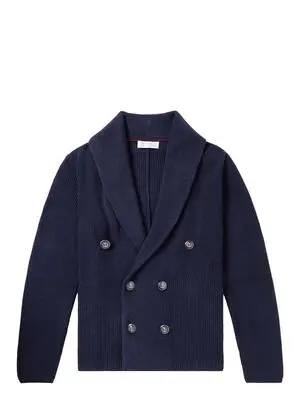 Brunello Cucinelli Shawl-Collar Double-Breasted Ribbed Cotton Cardigan Navy