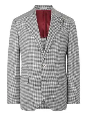 Brunello Cucinelli Houndstooth Wool, Linen And Silk-blend Blazer - Gray