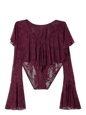 Norma Kamali Ruffled Stretch-lace Bodysuit - Purple