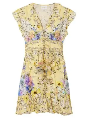 Camilla Appliquéd Embellished Floral-print Linen-voile Mini Dress - Yellow