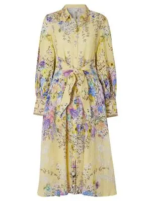 Camilla Floral-print Silk And Linen-blend Midi Shirt Dress - Yellow