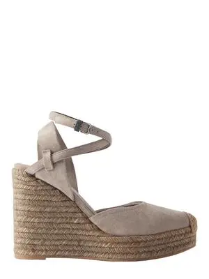 Brunello Cucinelli Embellished Suede Platform Wedge Espadrille Sandals - Gray