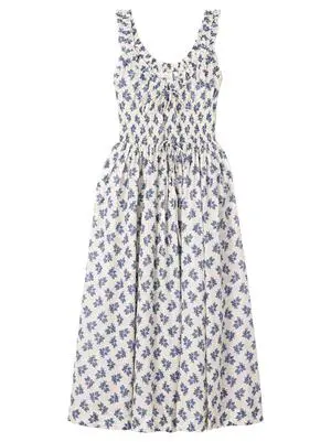 DÔEN Emmaretta Floral-print Organic Cotton-voile Midi Dress - Blue