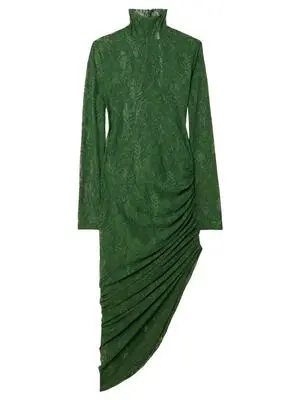 Norma Kamali Asymmetric Ruched Stretch-lace Turtleneck Dress - Green