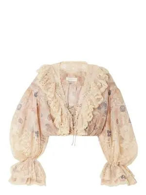 Zimmermann Rebellion Lace-up Ruffled Floral-print Top - Cream