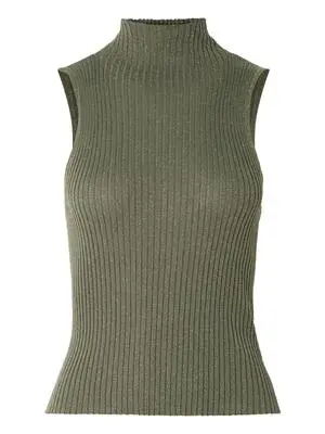 LESET Blake Ribbed Lurex Turtleneck Top - Green