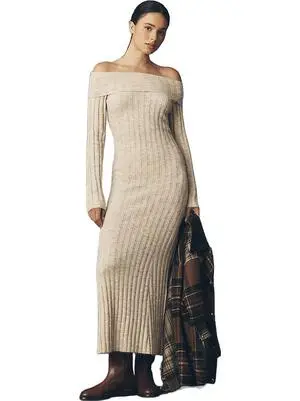 Glamorous Off-shoulder Knit Midi Dress - Neutral