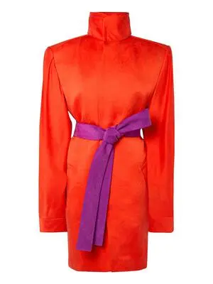 Saint Laurent Belted Silk-crepe Coat - Orange