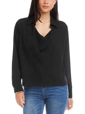Karen Kane Long Sleeved Collared Cowl Neck Top - Black