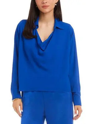 Karen Kane Long Sleeved Collared Cowl Neck Top - Sapphire Blue