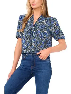 CECE DUPRAZ Tie Neck Short Sleeve Top - Classic Navy