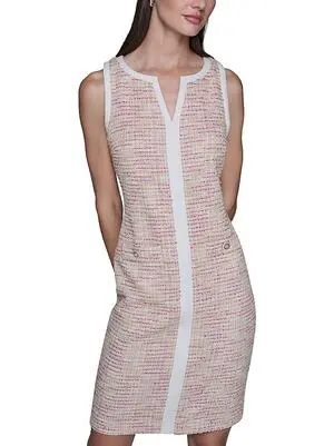 Karl Lagerfeld Paris Tweed Knit Sheath Dress - Hot Coral/ Soft White
