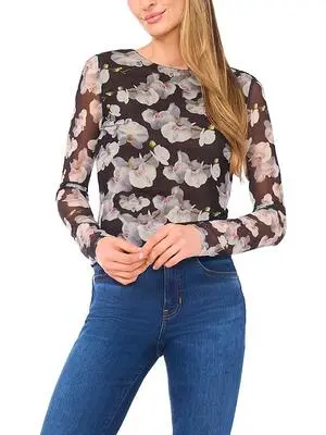 Ted Baker London Printed Mesh Crewneck Top - Rich Black