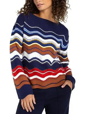 LIVERPOOL Boat Neck Scallop Hem Sweater - Navy/ Brown Stripe
