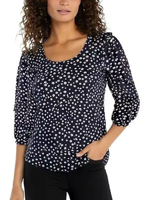 LIVERPOOL Scoop Neck Ruffle Sleeve Top - Navy/ White Ditsy