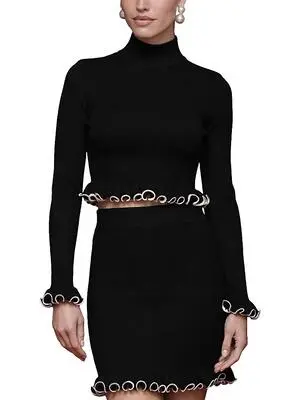 Avec Les Filles Curl Trim Mock Neck Top - Black