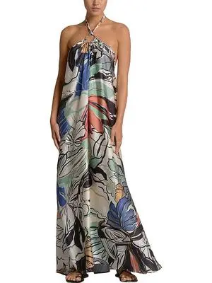 Elan Printed Ring Halter Maxi Dress - Blue Botanical