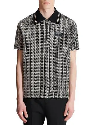Balmain Monogram Print Zip Polo - Ivory/black