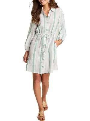 Tommy Bahama Seaside Cove Stripe Long Sleeve Linen Shirtdress - Silky Green