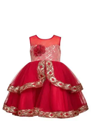 MIA BELLE GIRLS Embroidered Tulle Holiday Dress - Red