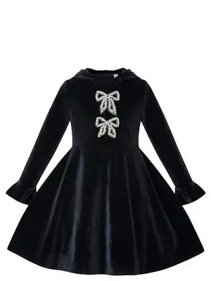 MIA BELLE GIRLS Velour Dress With Crystal Bows - Black