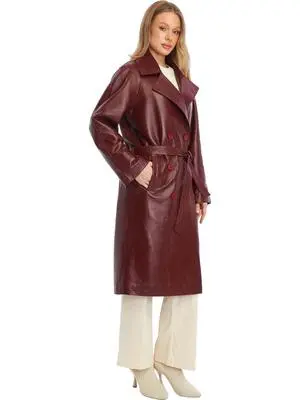 FURNIQ UK Leather Trench Coat Burgundy