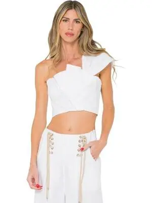 JBQ Asymmetric Linen Crop Top - Optic White