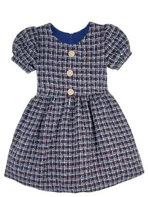 MIA BELLE GIRLS Plaid Tweed Puff Sleeve Dress - Blue