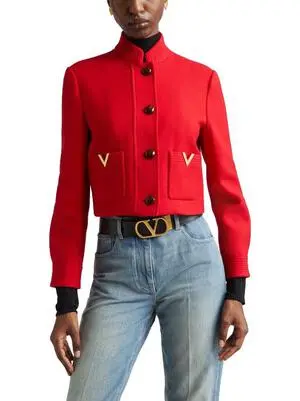 Valentino Garavani V-detail Wool & Silk Double Drill Jacket - Deep Red
