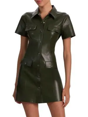 Alice + Olivia Jamie Faux Leather Mini Shirt Dress - Dark Olive
