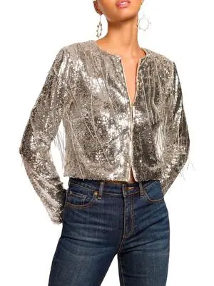 Ramy Brook Sapphire Sequin Fringe Crop Jacket - Platinum Sequin Fringe
