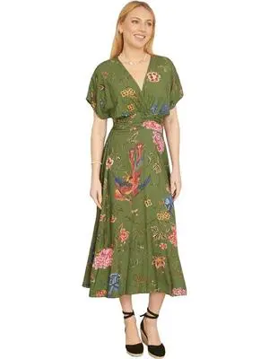 YUMI Printed Ruched Waist Kimono Sleeve Midi Dress - Green