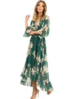 YUMI Dip Hem Kimono Sleeve Dress - Green